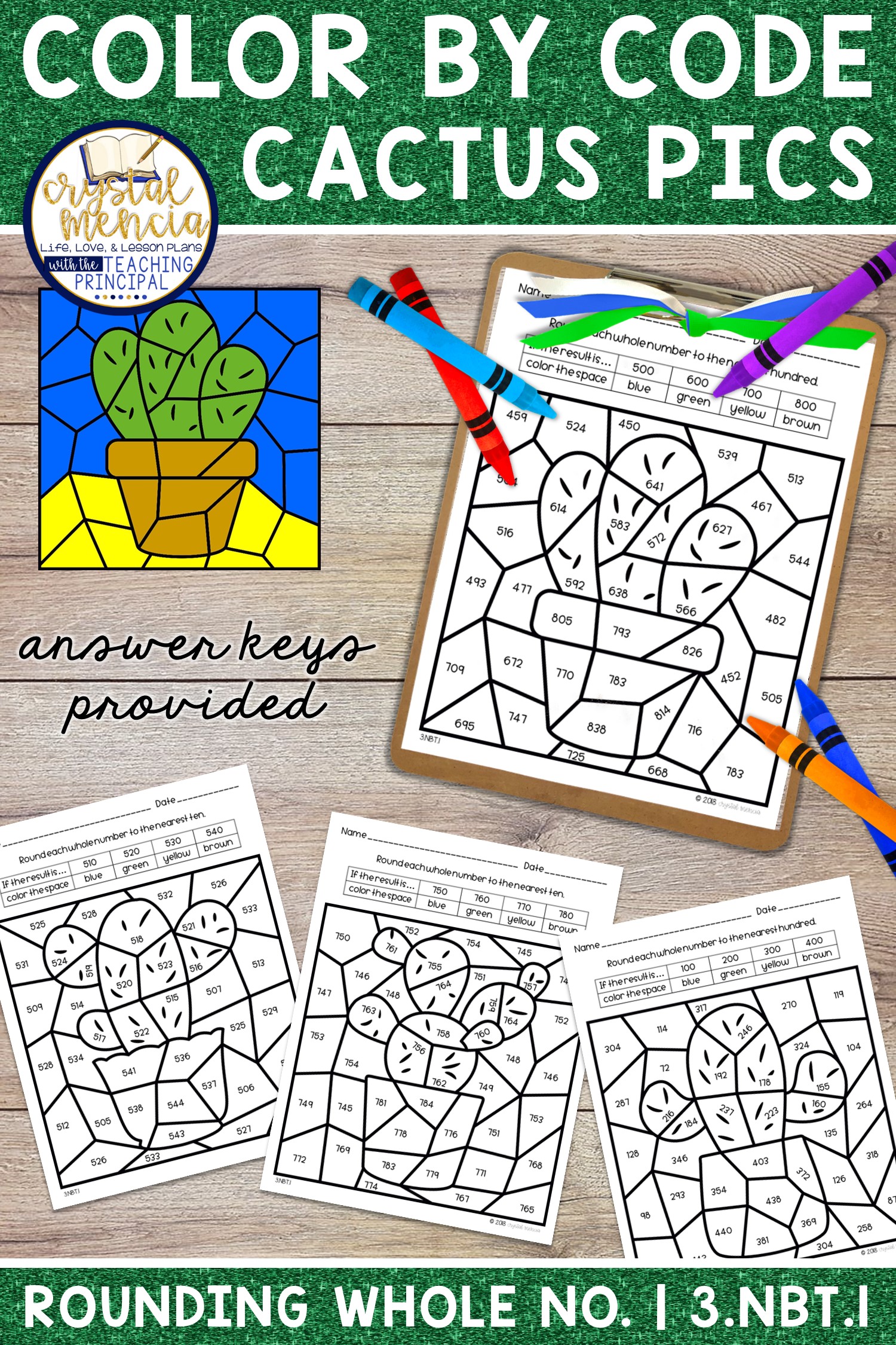 Rounding Whole Numbers Color by Code Cactus (3NBT1)